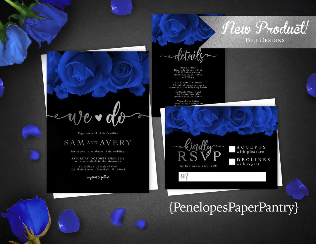 Royal Blue Rose Wedding Invitation,royal Blue Roses,wedding Invite ...