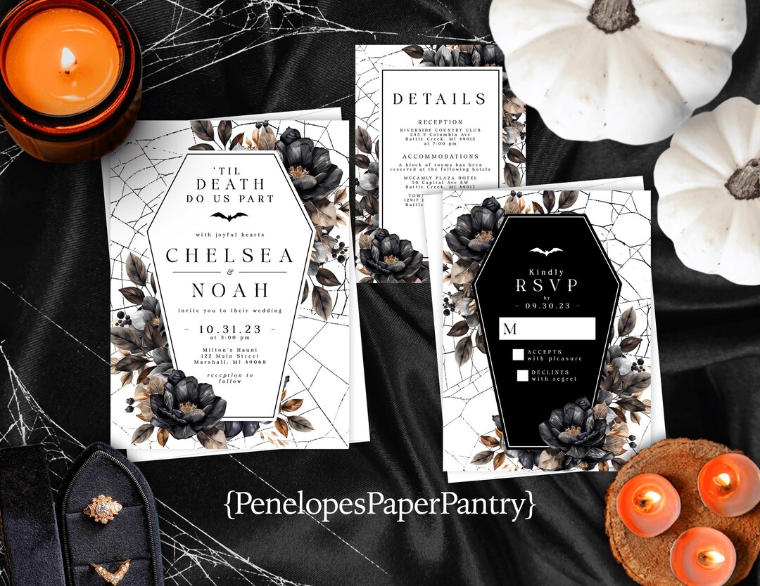 Elegant Gothic Halloween Wedding Invitation Personalized Black Roses ...