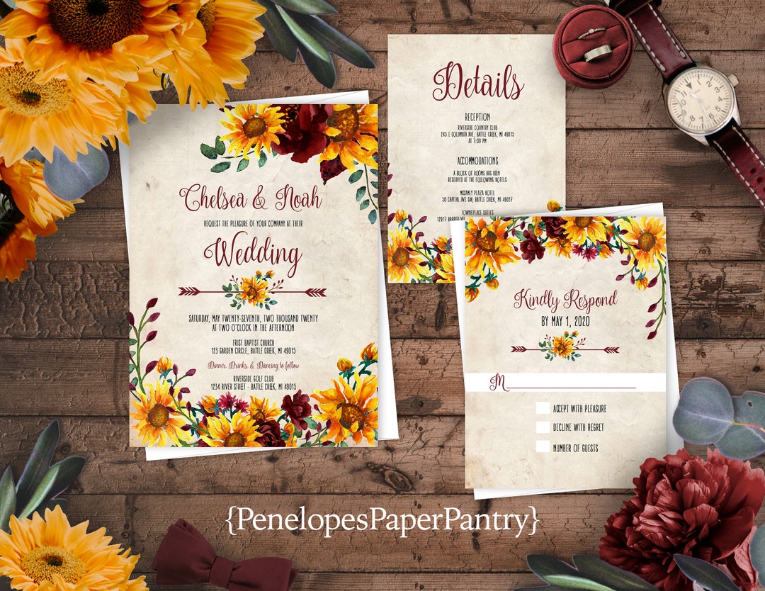 Rustic Sunflower Fall Wedding Invitation,fall Wedding Invite,sunflowers ...
