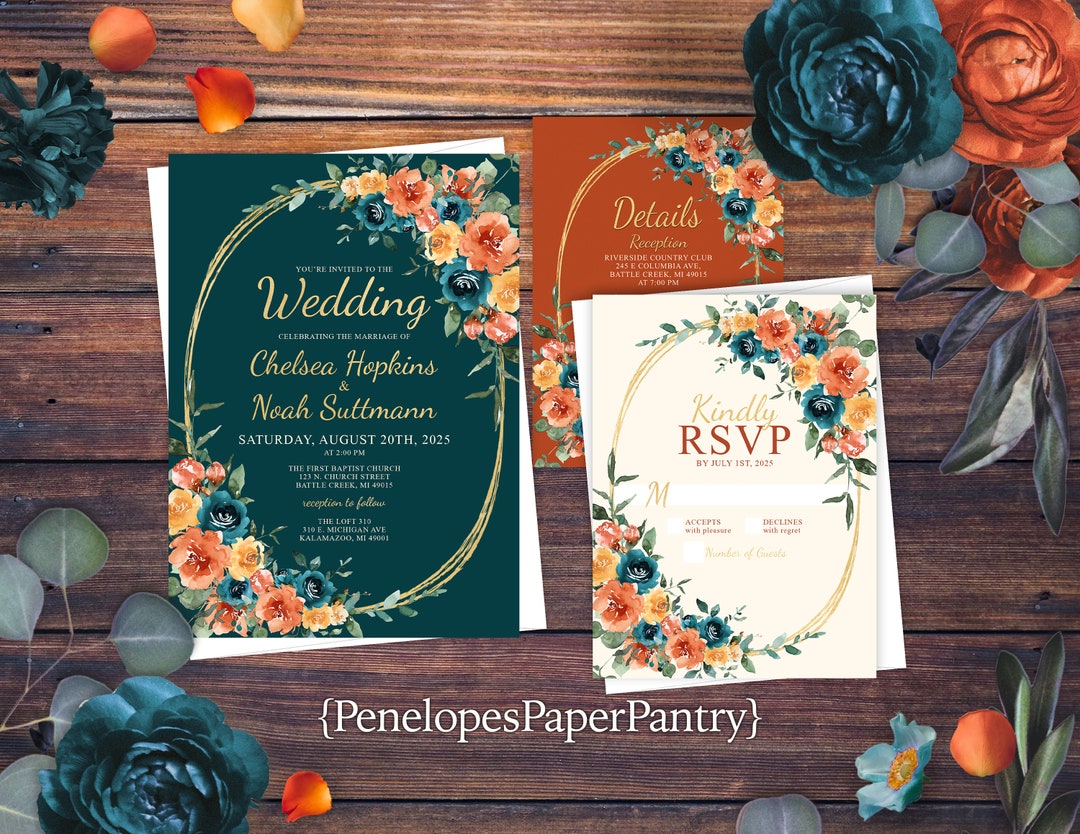 Teal,burnt Orange,ivory,floral,fall Wedding Invitation Suite,mustard ...