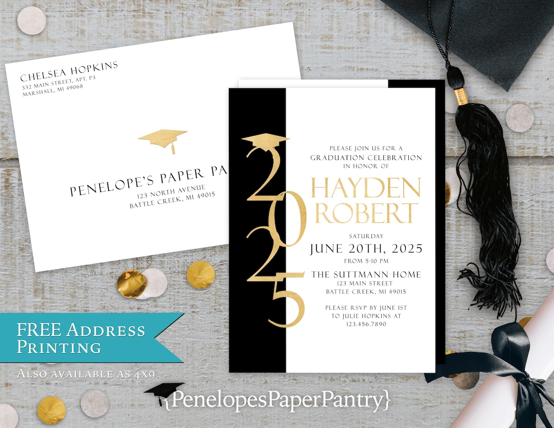 Graduation Announcement Party Invitation Personalized Black Gold Print ...