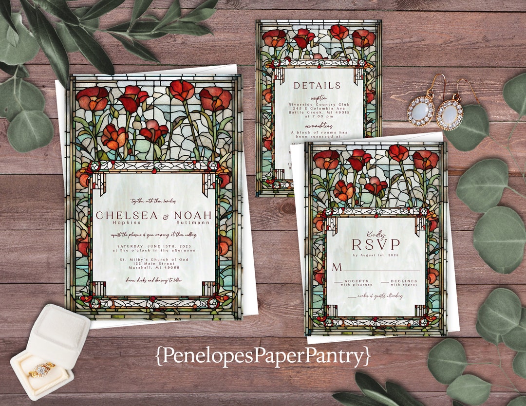 Red Poppy Stained Glass Wedding Invitation,floral Stained Glass,wedding ...