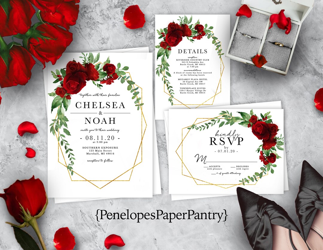Elegant Red Rose Geometric Frame Summer Wedding Invitation,red Roses ...