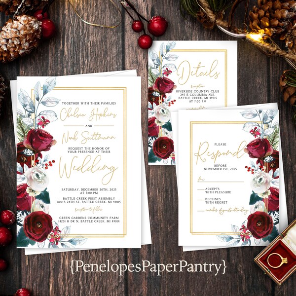 Red Floral Wedding Invitation - Etsy