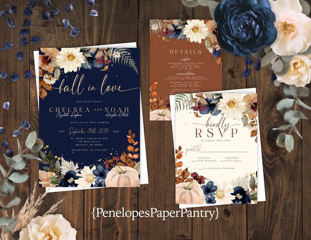 Rustic Navy Floral Fall Wedding Invitation,fall Wedding Invites ...