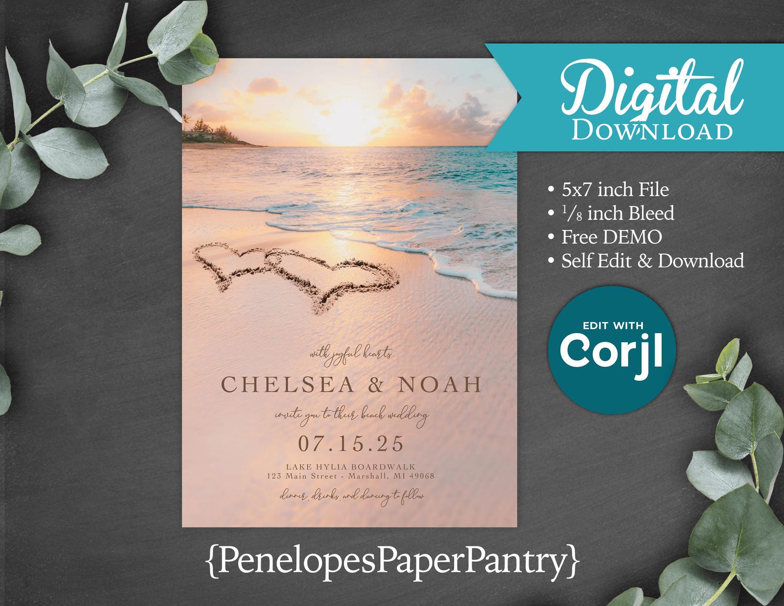 Romantic Beach Wedding Invitation Digital Download Destination Sunset ...