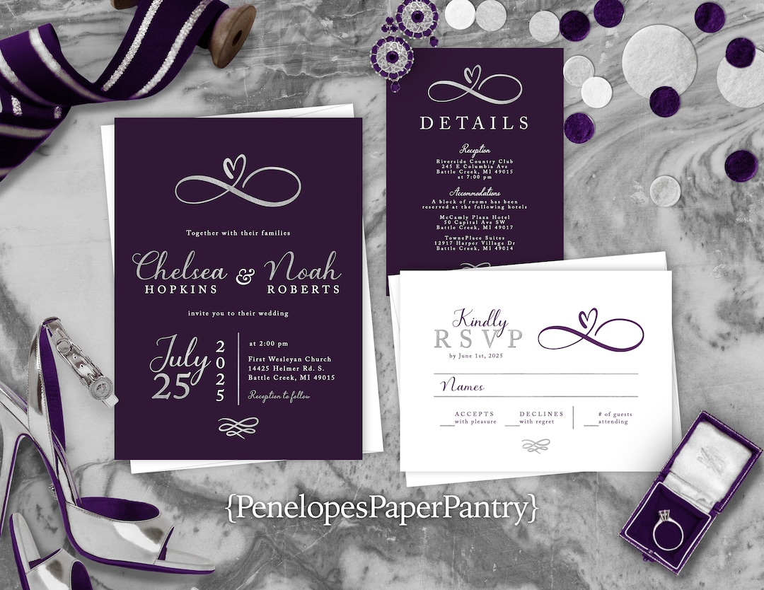 Personalized Purple Wedding Invitation Suite, Infinity Love Symbol ...