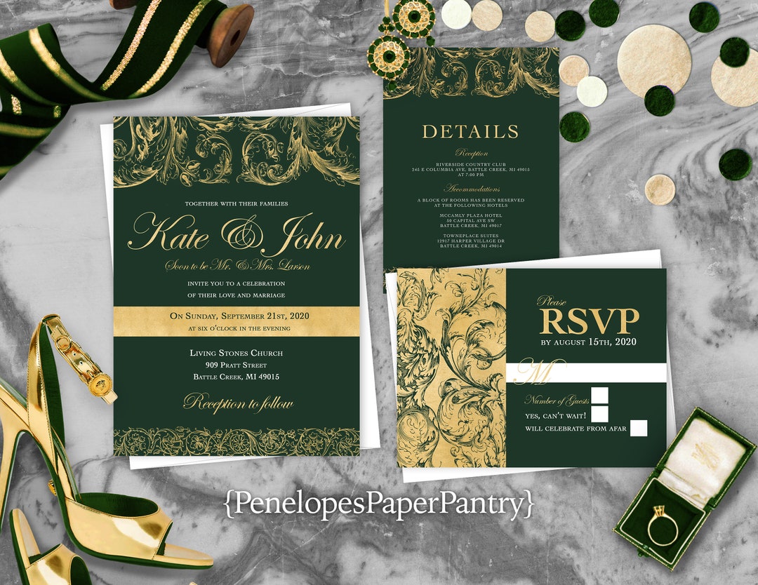 Elegant Emerald and Gold Wedding Invitation Personalized Emerald Green ...