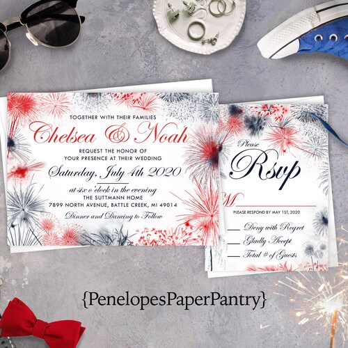 Rustic 4th of July Firework Vertical Wedding Invitation - Etsy