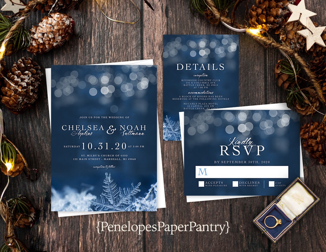 Winter Wedding Invitation,winter Wedding Invite,navy Blue,snowflakes ...