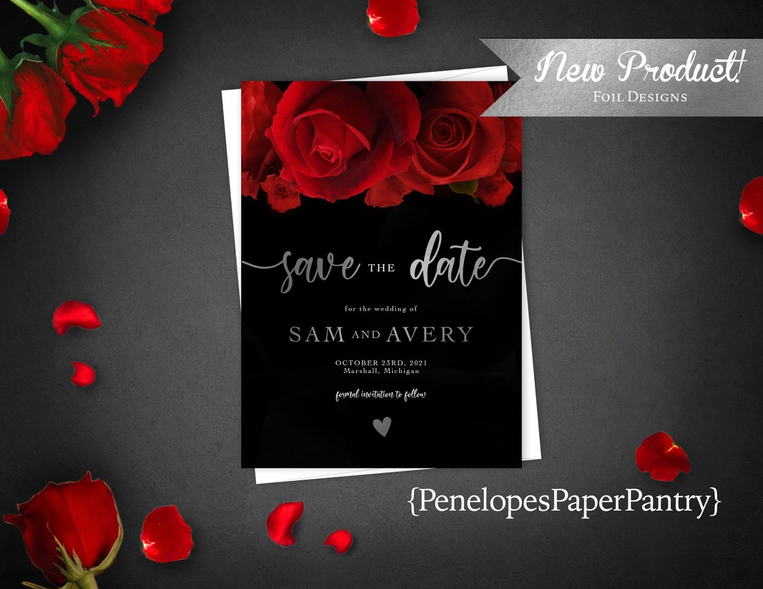 Save the Date Card Red Rose Wedding Personalized Red Roses Silver Foil ...
