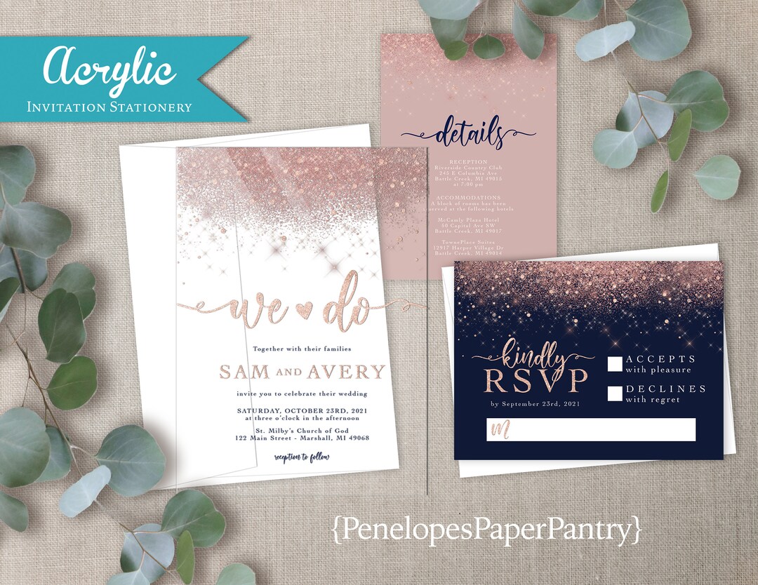 Bling Printed Acrylic Pink and Navy Summer Wedding Invitation Pink ...