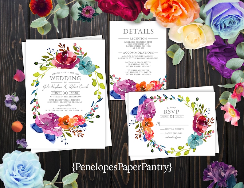 Floral Wreath Wedding Invitation Suite, Elegant Bright Summer Design - Etsy