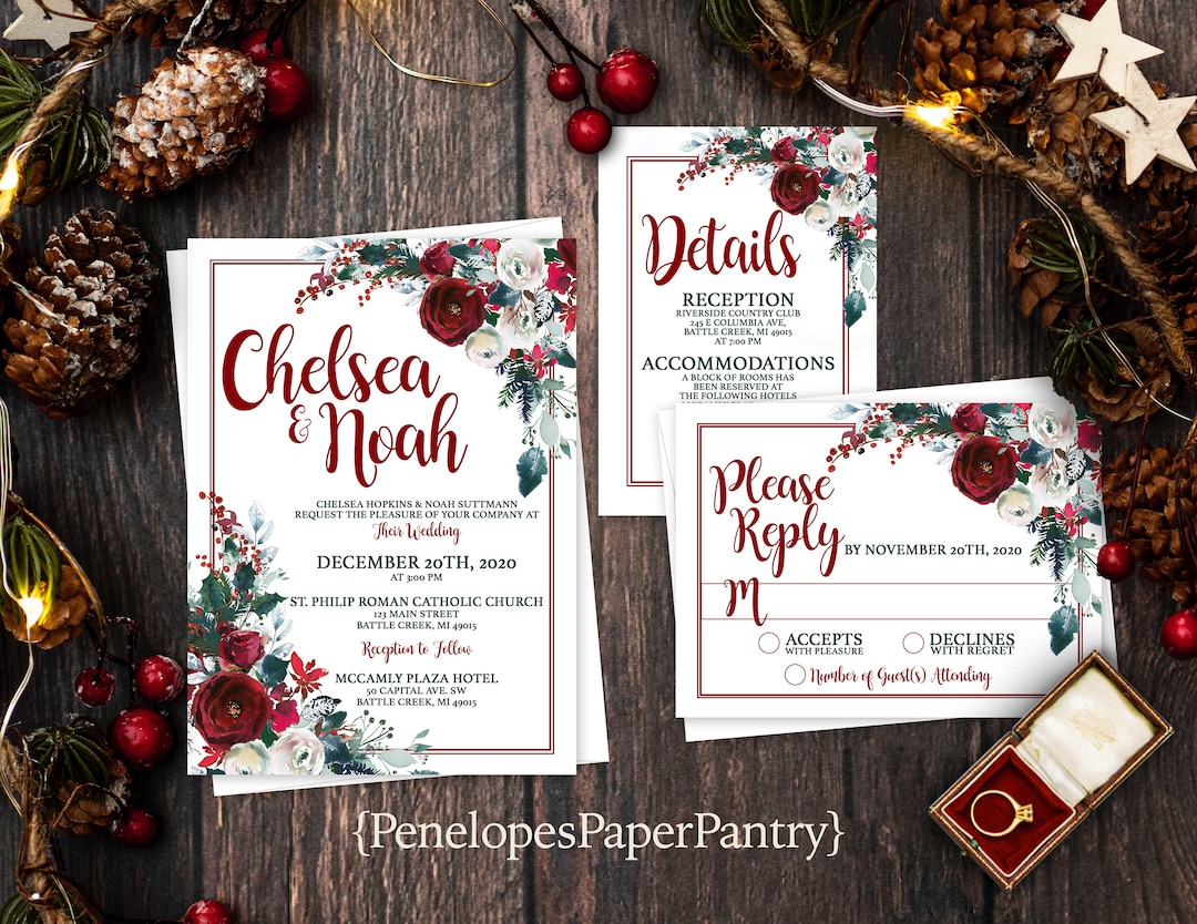Floral Christmas Wedding Invitation, Red and Green Calligraphy - Etsy