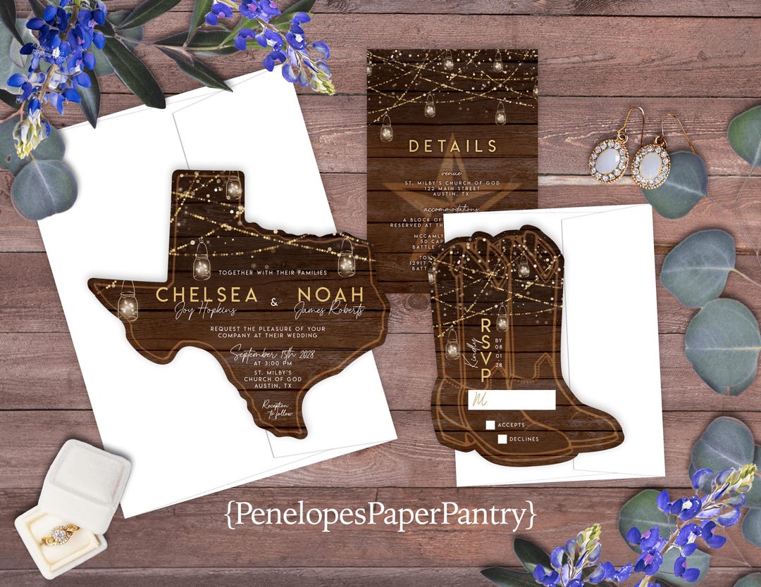 Texas Shape Wedding Invitation Suite, Cowboy Boots, Mason Jar Lights ...