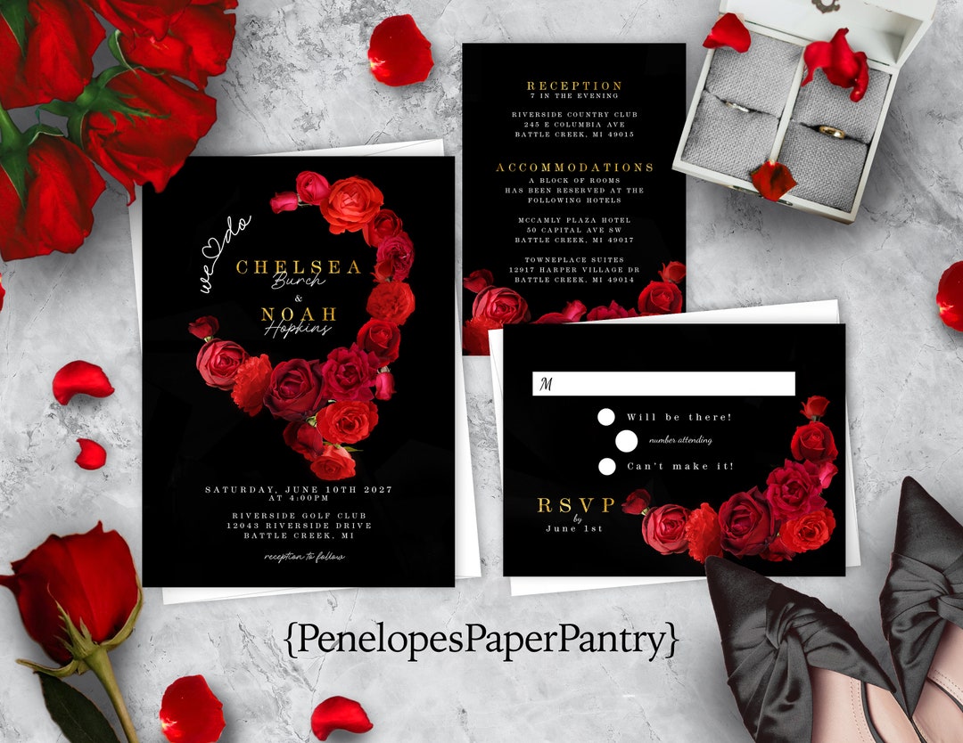 Red Rose Wedding Invitation,red Rose Invitation,black,red Roses ...