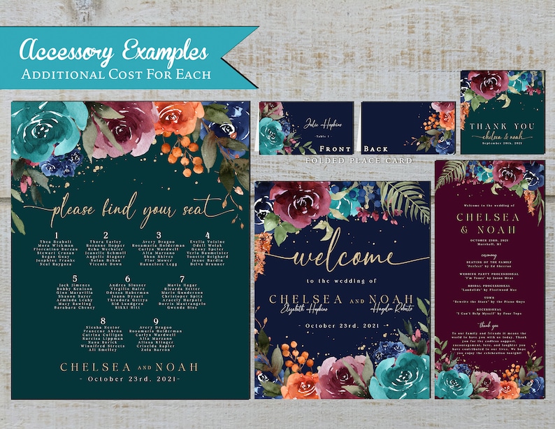 Jewel Tone Floral Wedding Invitation: Personalized Gold Calligraphy - Etsy