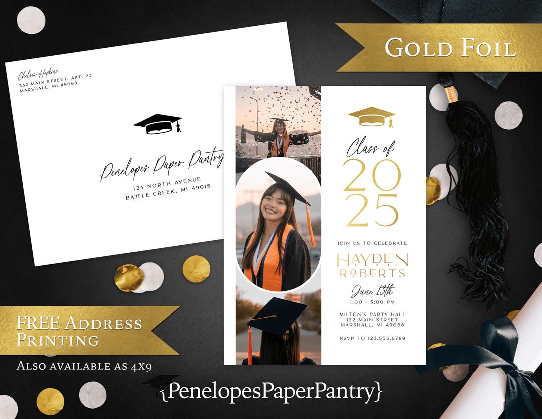 Elegant Graduation Multiple Photo Party Invitation Announcement Gold ...