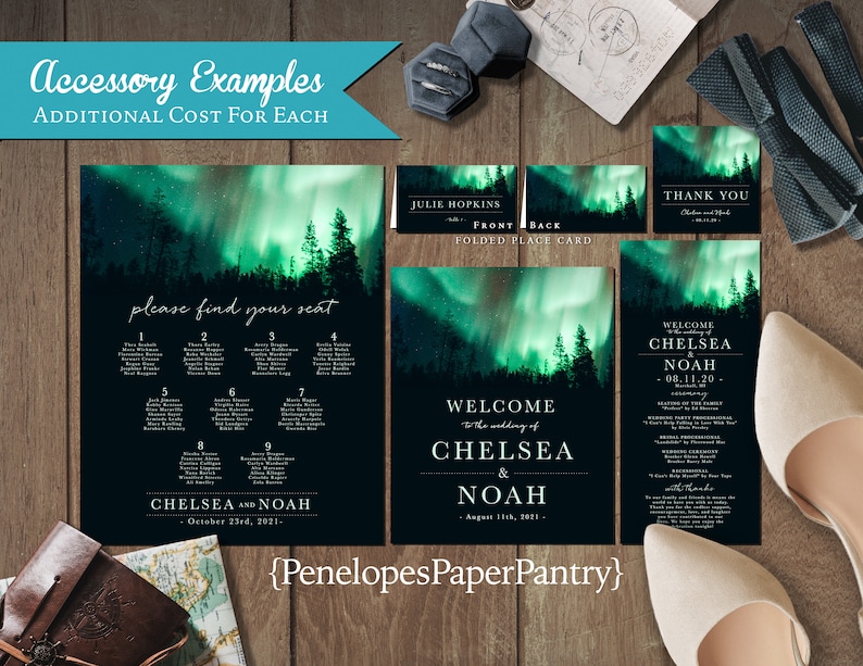 Northern Lights Wedding Invitation, Emerald Green Starry Sky, Satin ...