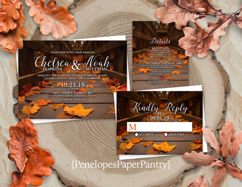 Rustic Fall Leaves Wedding Invitation Set: Burnt Orange, Personalized ...