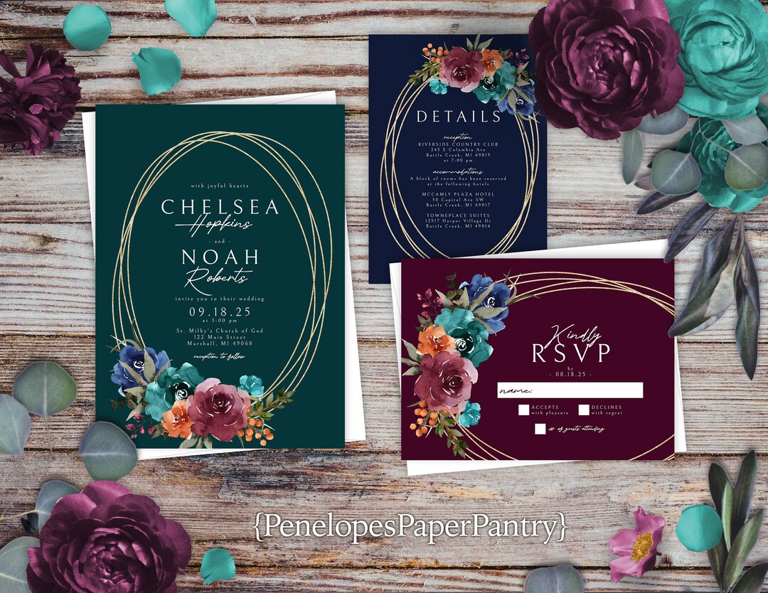Jewel Tone Fall Wedding Invitation,jewel Tone Wedding Invite,jewel Tone ...