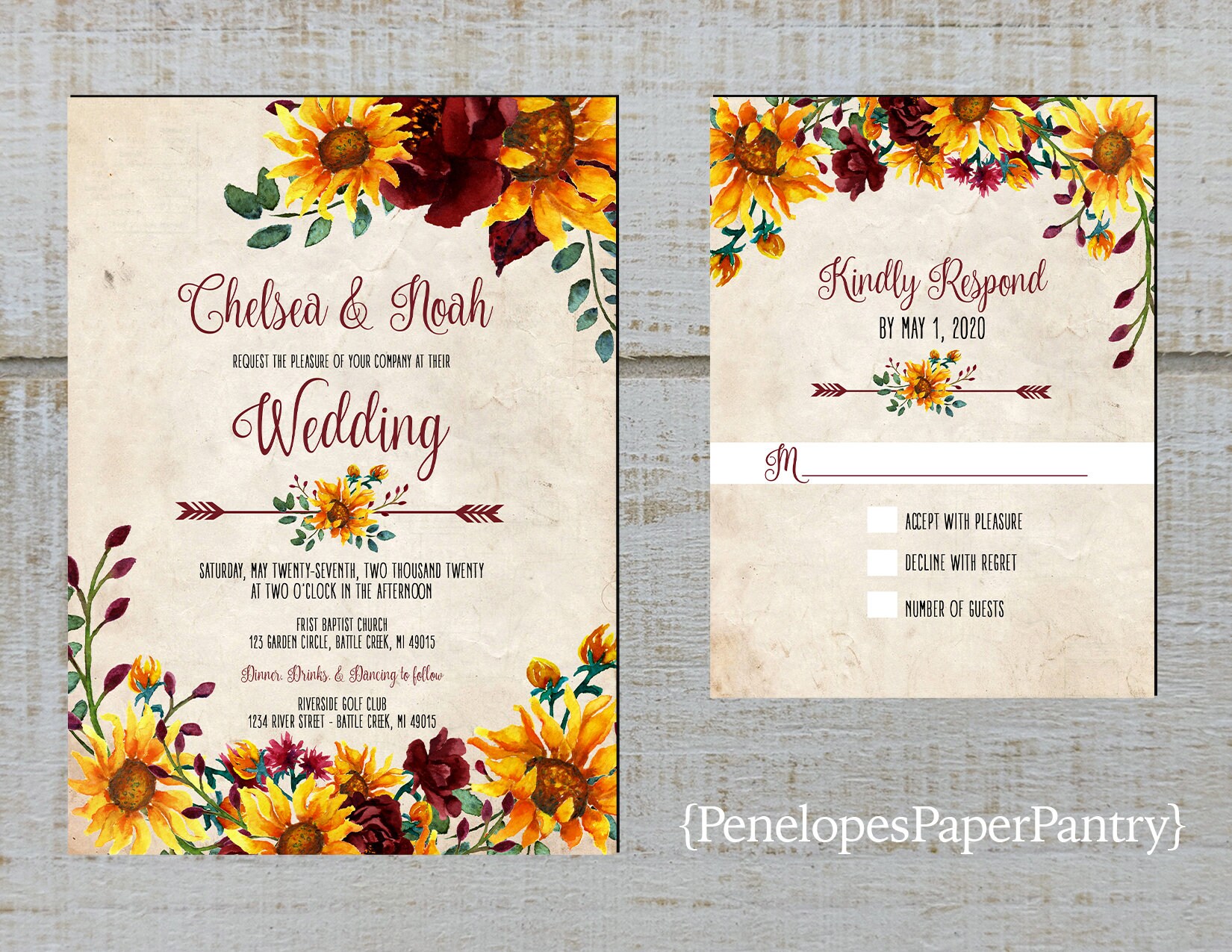 Rustic Sunflower Fall Wedding InvitationSunflowersBurgundy | Etsy