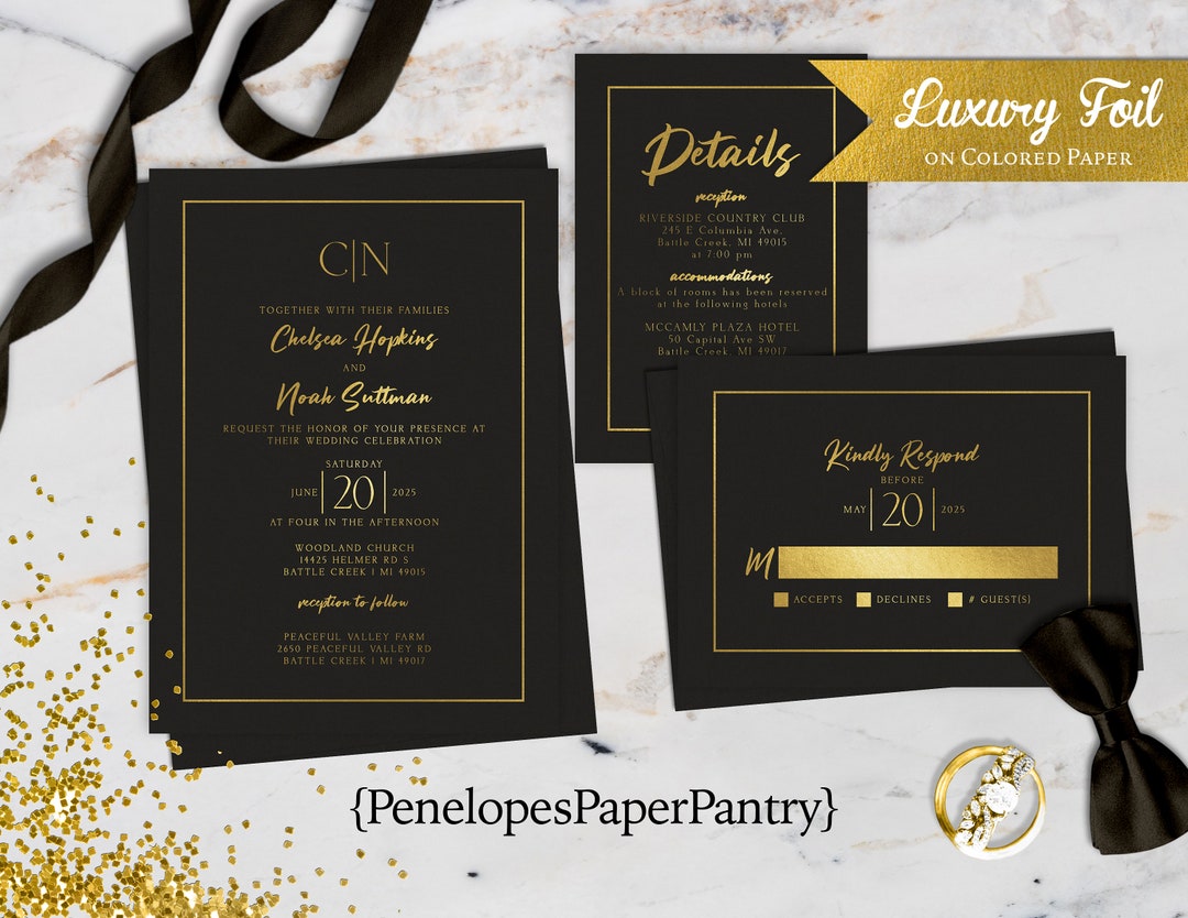 Luxury Black and Gold Foil Wedding Invitation,midnight Black,gold Foil ...