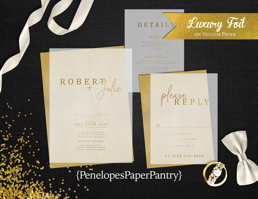 Elegant Vellum Wedding Invitation Personalized Gold Foil Print ...
