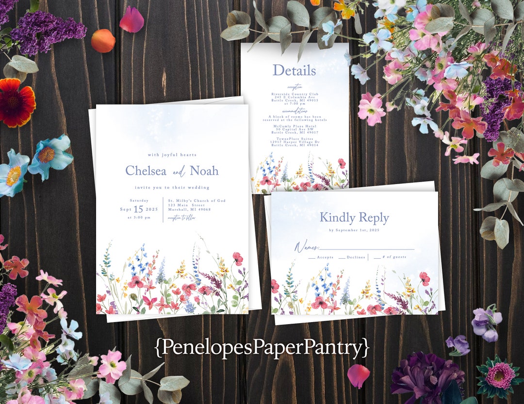 Wildflower Wedding Invitation,wildflower Wedding Invite,blue and Pink ...