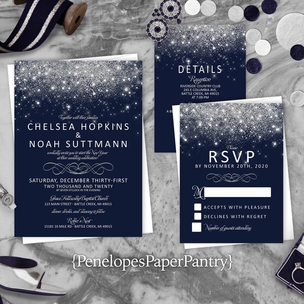 Navy Blue and Silver Wedding Invitations - Etsy