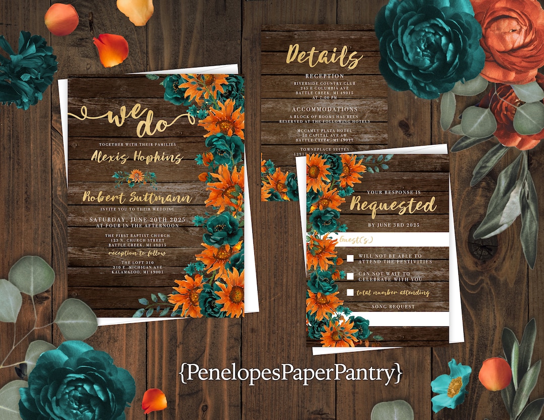 Rustic Floral Fall Wedding Invitation Personalized Barn Wood Teal Roses ...