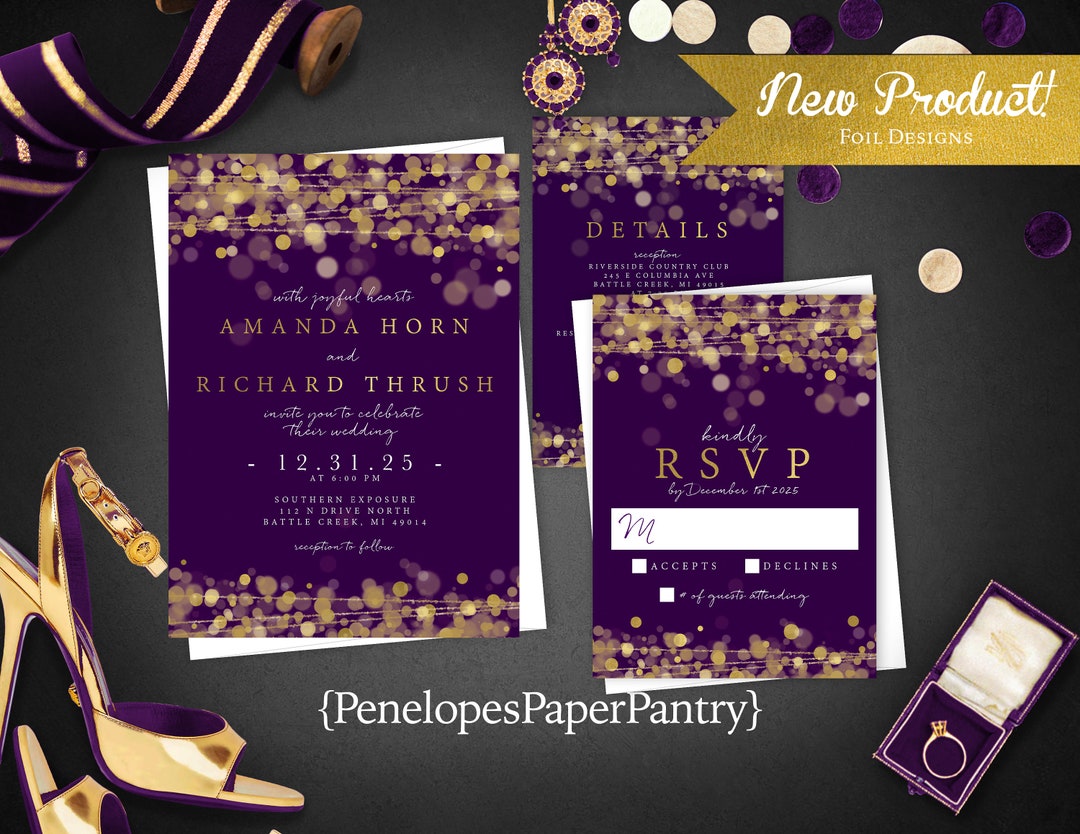 Purple and Gold Foil Wedding Invitation Set, Personalized, Printed ...
