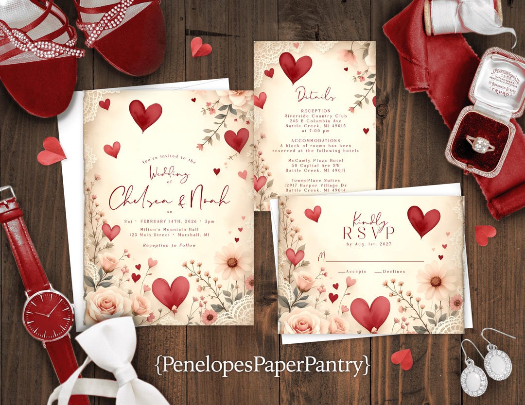 Whimsical Valentine Wedding Invitation Personalized Red Hearts ...