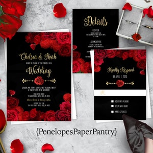 Red Rose Wedding Invitation With Gold Calligraphy and Floral Arrow - Etsy