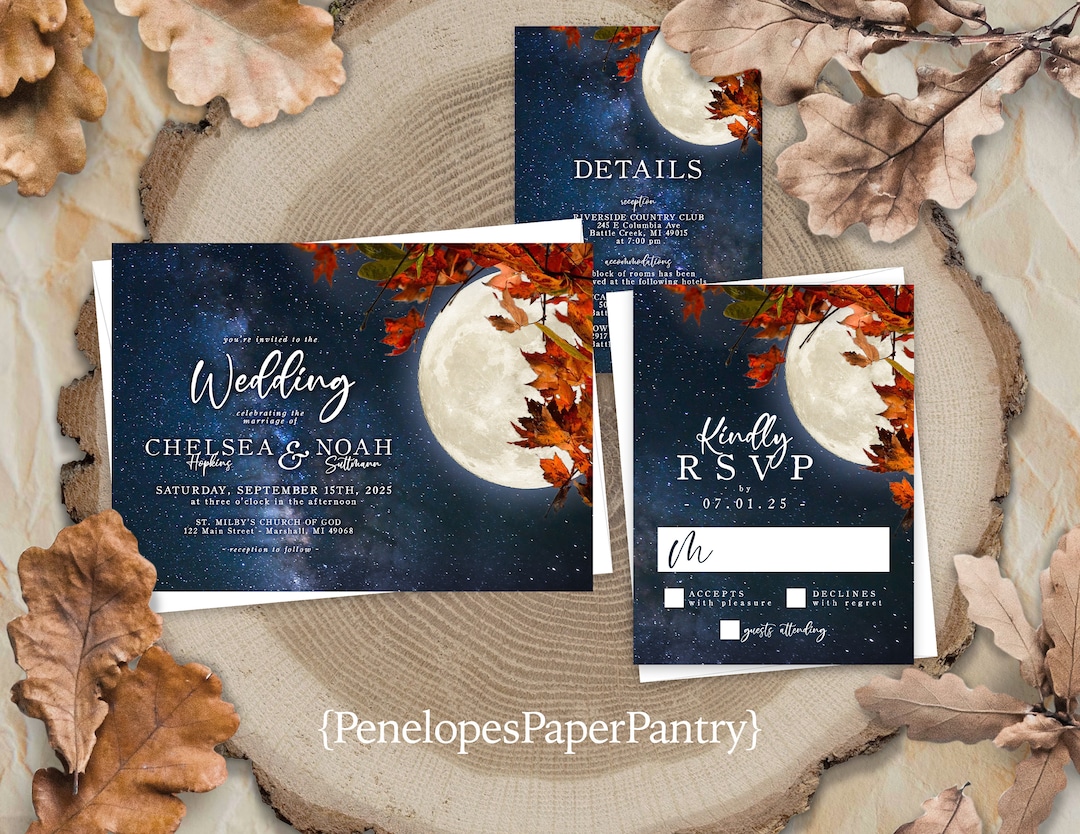 Rustic Full Moon Wedding Invitation, Starry Night, Autumn Leaves - Etsy
