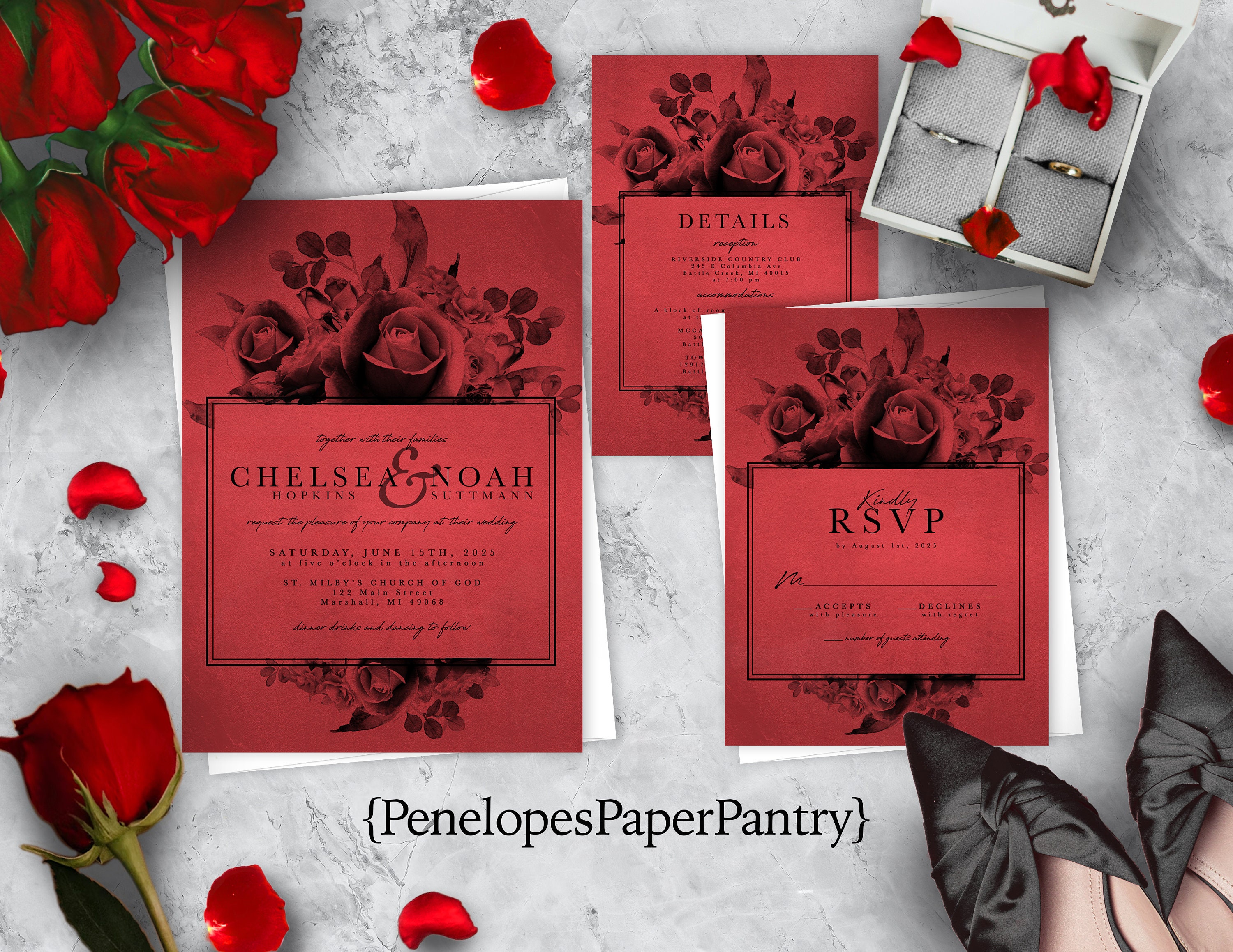 Elegant Red And Black Wedding Invitations