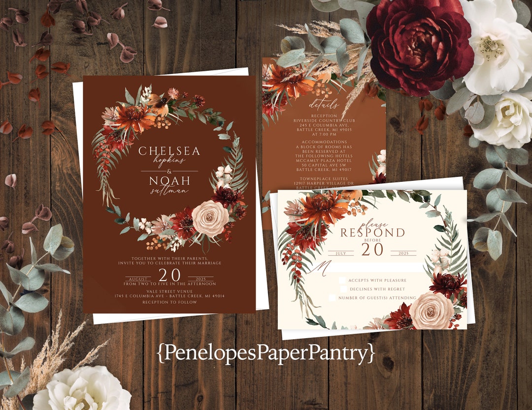 Terracotta Floral Fall Wedding Invitation,fall Wedding Invite,burnt ...