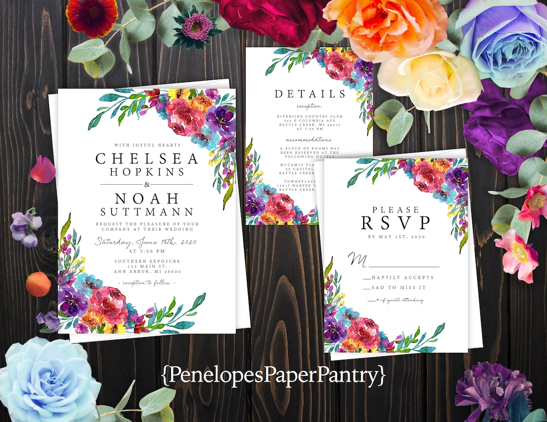 Elegant Bright Floral Summer Wedding Invitation,bright Floral Summer ...