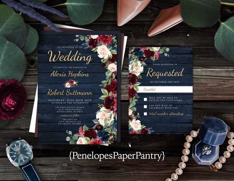 Rustic Navy Floral Fall Wedding Invitationburgundyblushnavy - Etsy