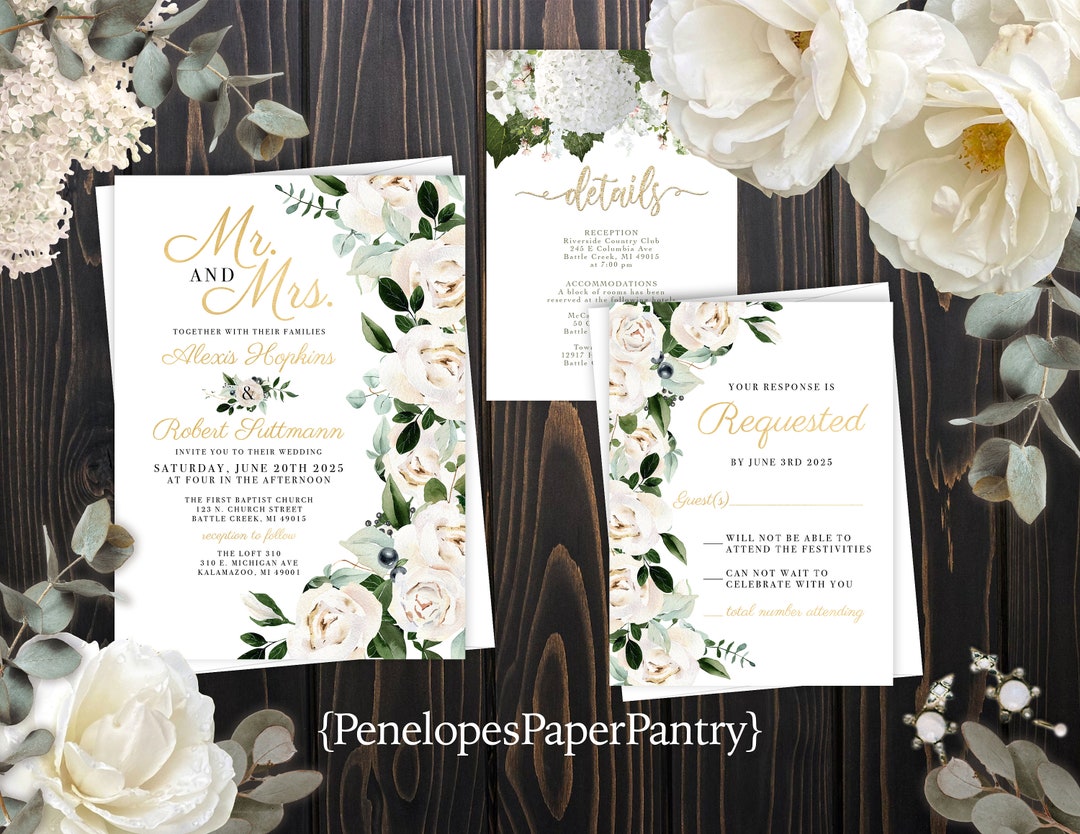 Elegant White Rose Wedding Invitation,white Rose Wedding Invite,white ...