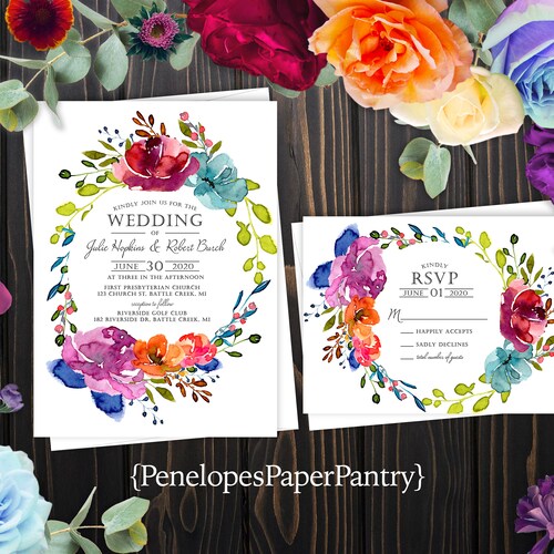 Bright Floral Wedding Invitation Printed Set Summer Wedding - Etsy