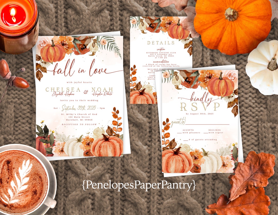 Elegant Fall Wedding Invitation Personalized Orange Pumpkins White ...