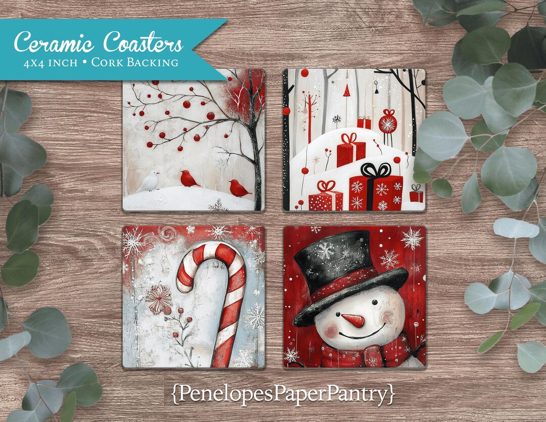 Festive Christmas Coasters Set of Four Printed Coasters Holiday Home ...