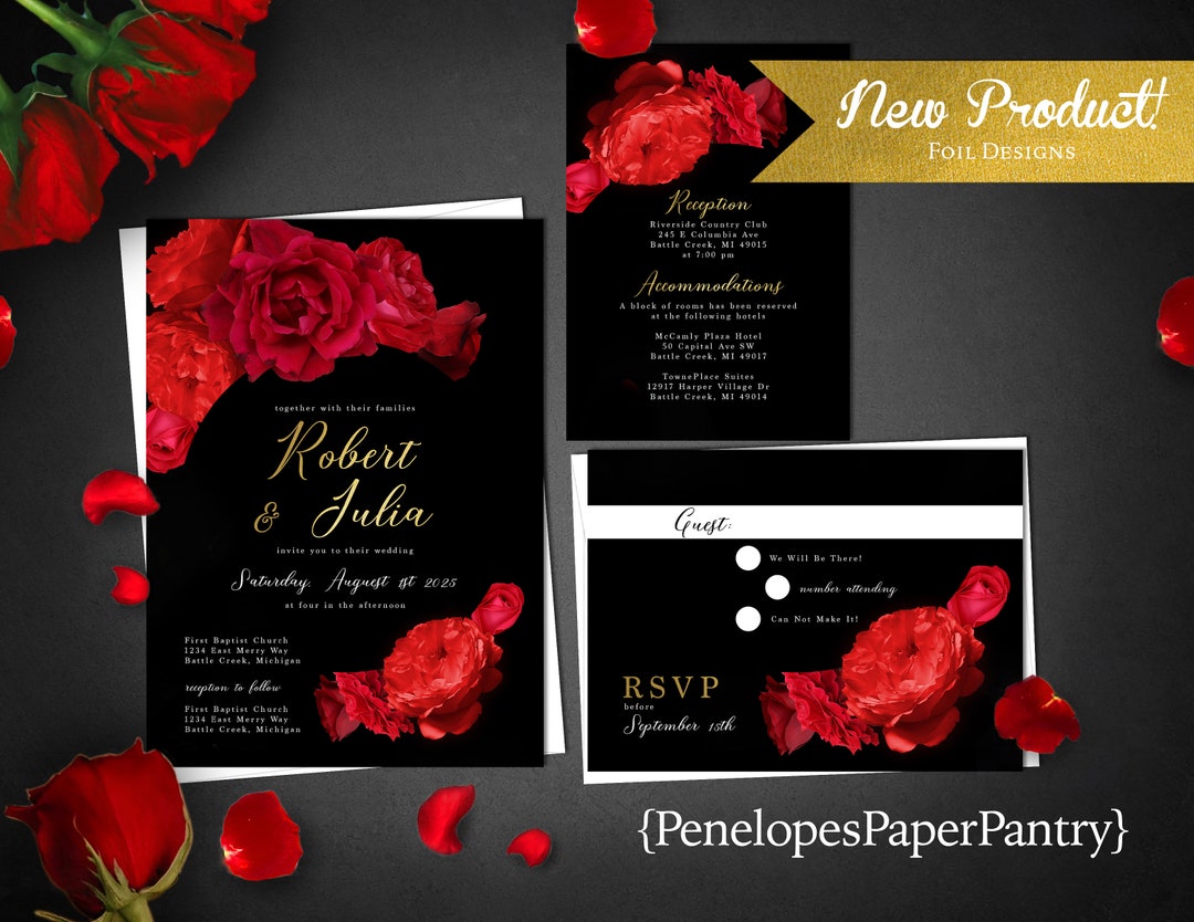 Classic Red Rose Wedding Invitation,red Rose Invite,red Roses,gold Foil ...