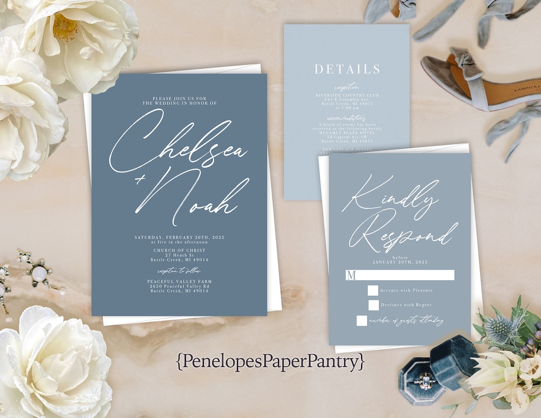 Chic Shades of Blue Summer Wedding Invitation,summer Wedding Invite ...