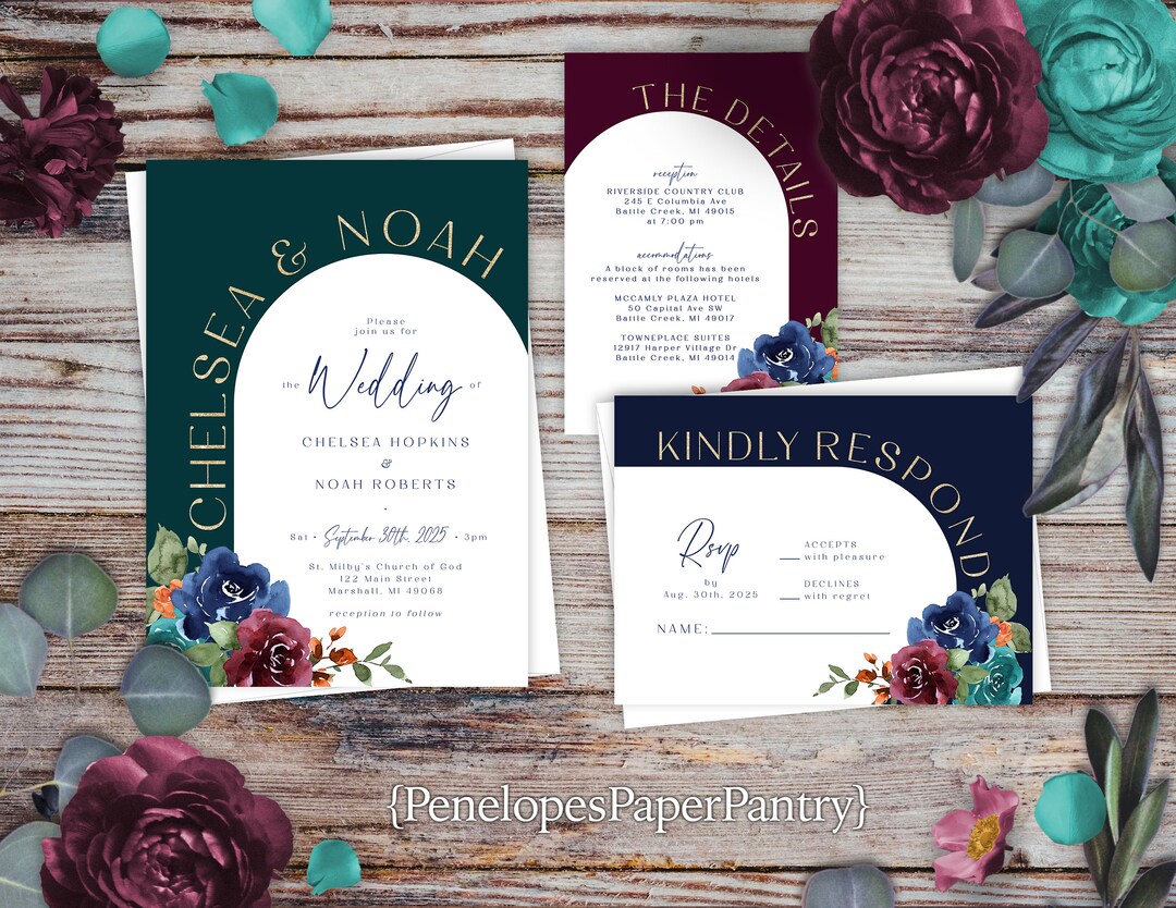 Jewel Tone Floral Fall Wedding Invitation,jewel Tone Fall Wedding ...