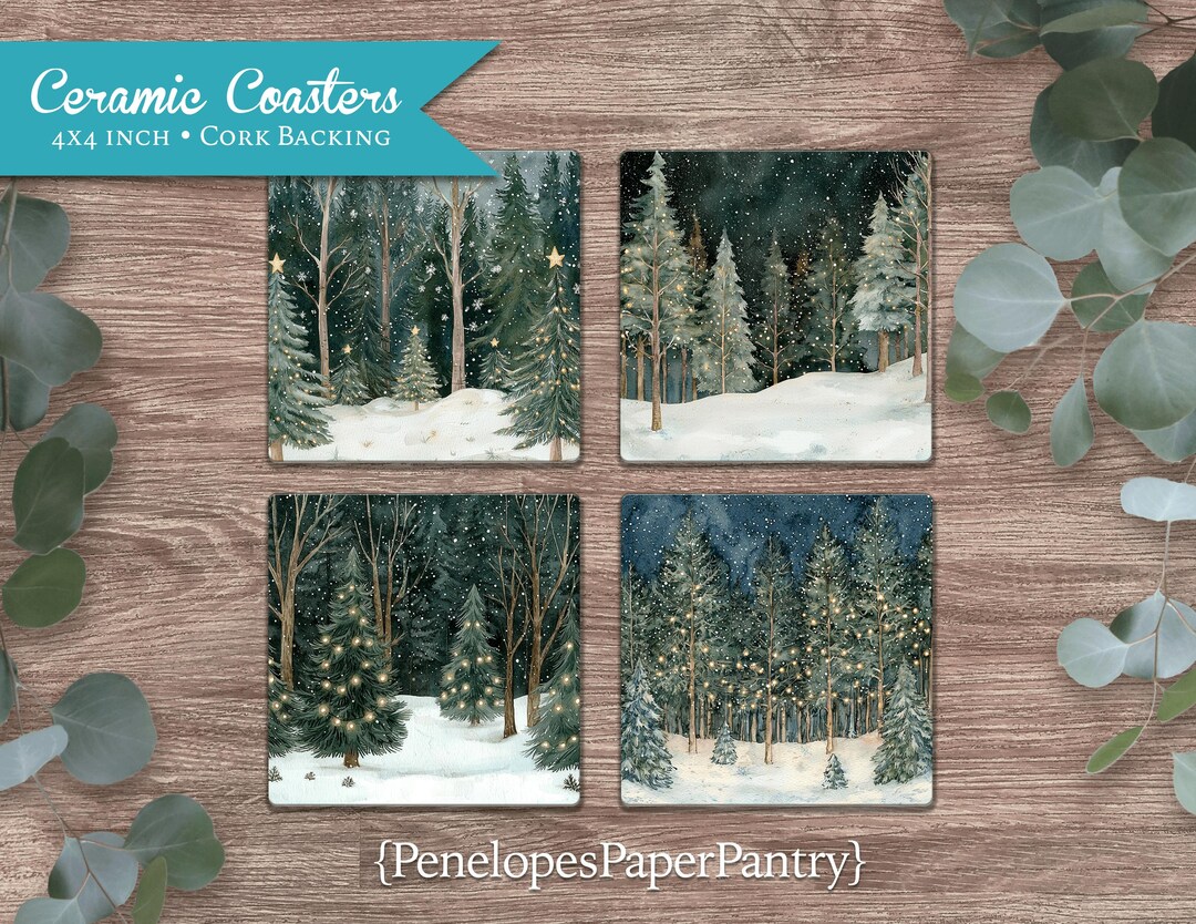 Gift Under 25 Rustic Christmas Tree Winter Forest Ceramic Coasters Set ...