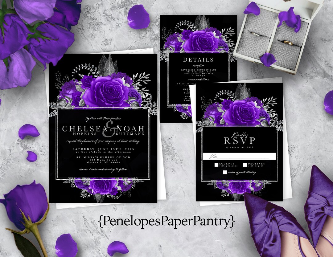 Purple Wedding Invitation,purple Rose Invitation,silver,calligraphy ...