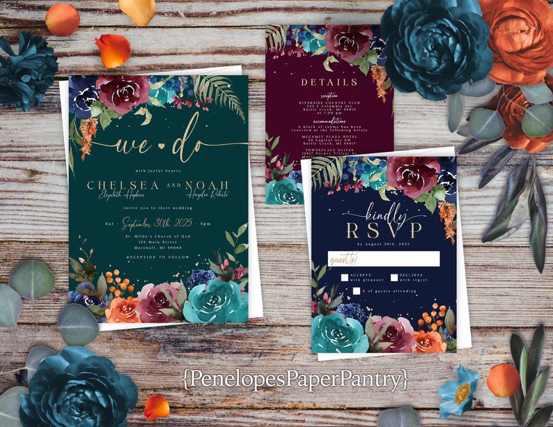 Jewel Tone Floral Wedding Invitation: Personalized Gold Calligraphy - Etsy