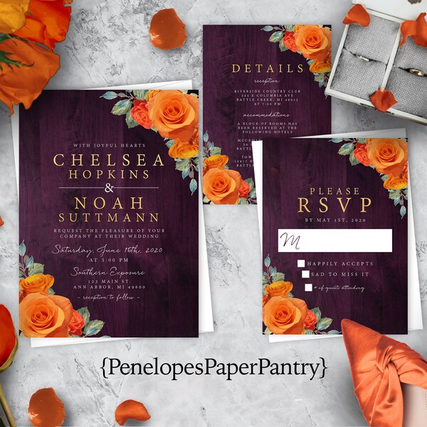Plum Orange Wedding Invitation - Etsy